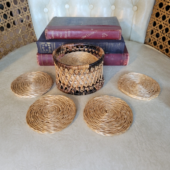 Source Unknown | Accents | 9 Boho Rattan Wicker Coasters In Basket Bar ...